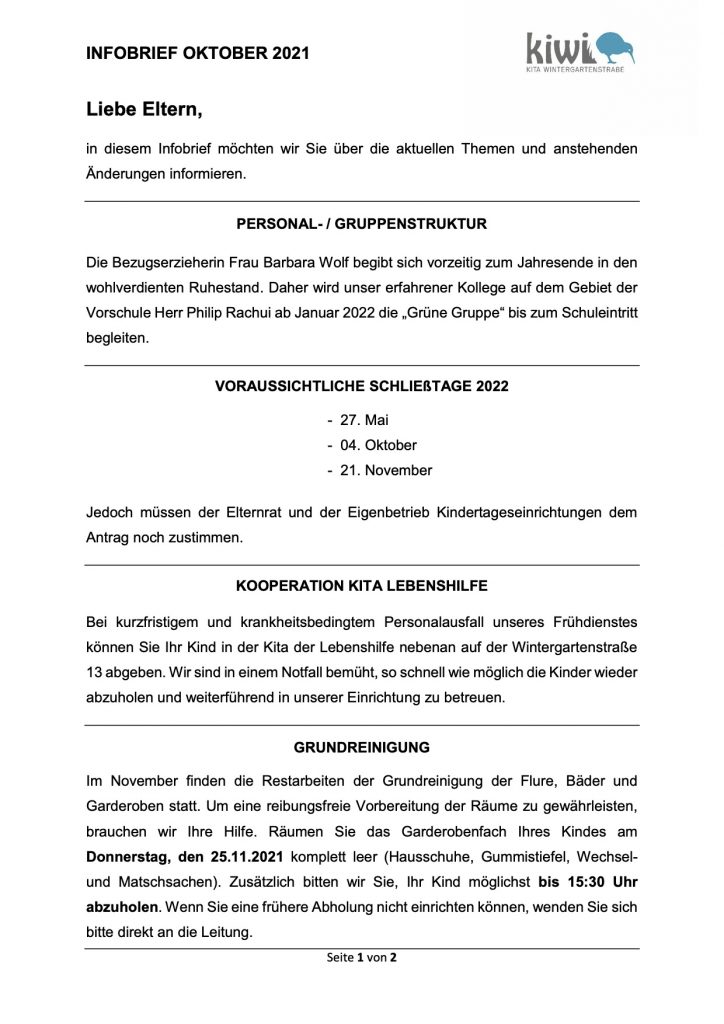 Elternbrief vom Oktober 2021 - Kita Kiwi